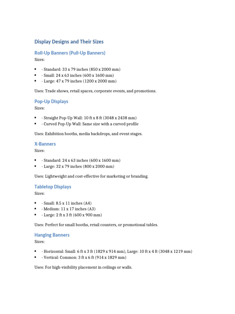 Display Design Sizes and Uses Guide | PDF