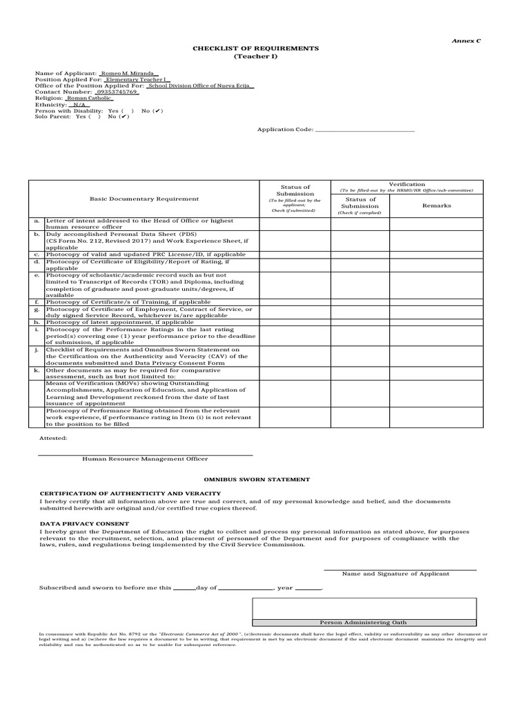 Annex C-Checklist of Requirements and Omnibus Sworn Statement | PDF