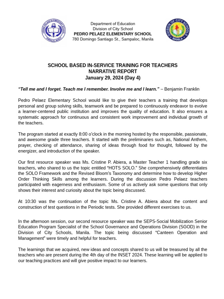 Narrative Report - INSET DAY 4 | PDF | Teachers | Teaching