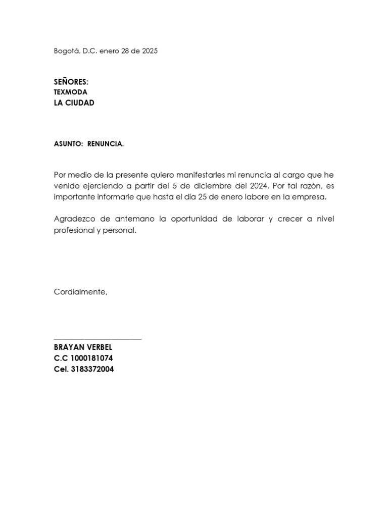 Carta Renuncia Brayan Verbel | PDF