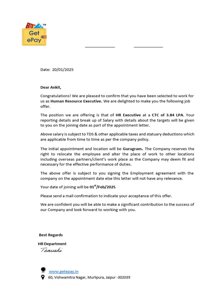 Ankit Singh GetePay Offer Letter | PDF