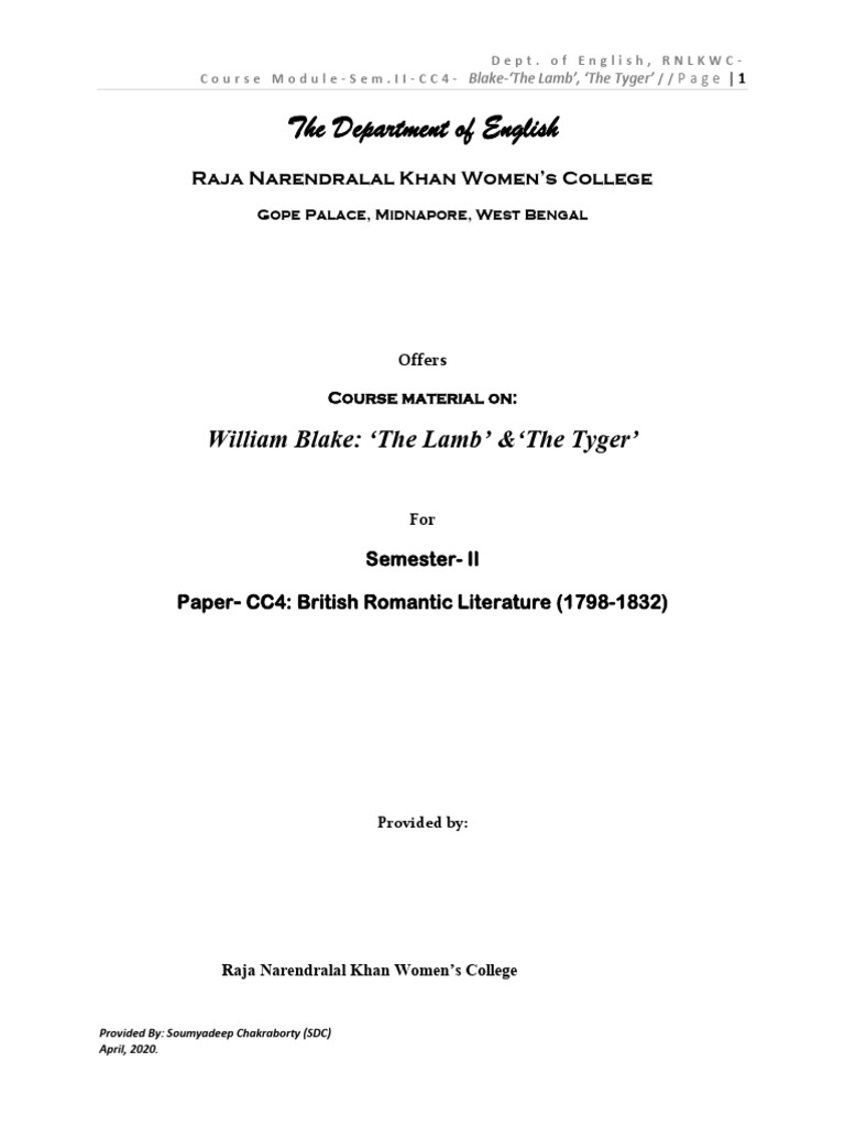 Course Module-Sem.-II, CC4, Blake-'The Lamb', 'The Tyger'-SDC | PDF | Lamb Of God | William Blake