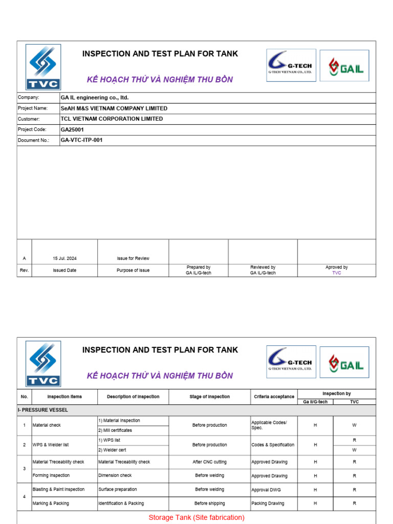 ITP For Tank at Shop and Site | PDF | Secondary Sector Of The Economy ...