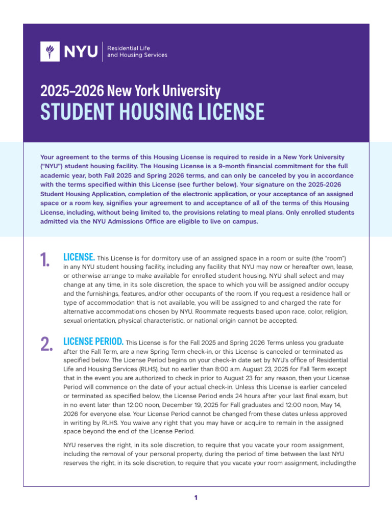 NYU 2025-2026 Student Housing License | PDF | Fee | New York University