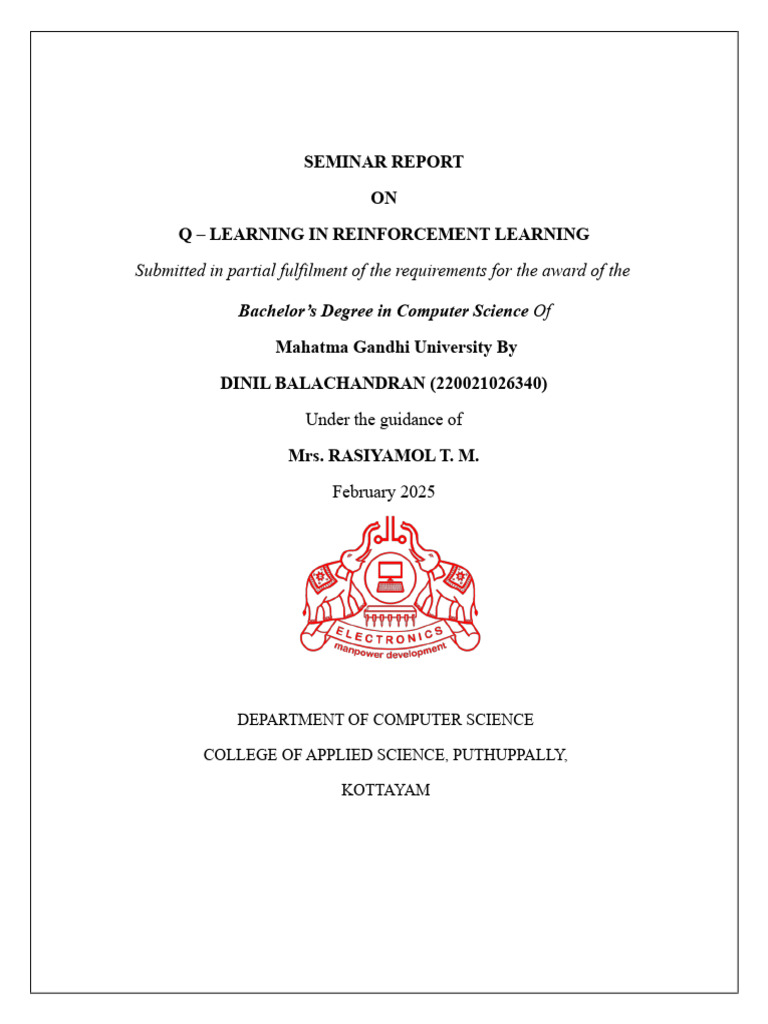 Q-Learning Seminar Report | PDF | Applied Mathematics | Learning