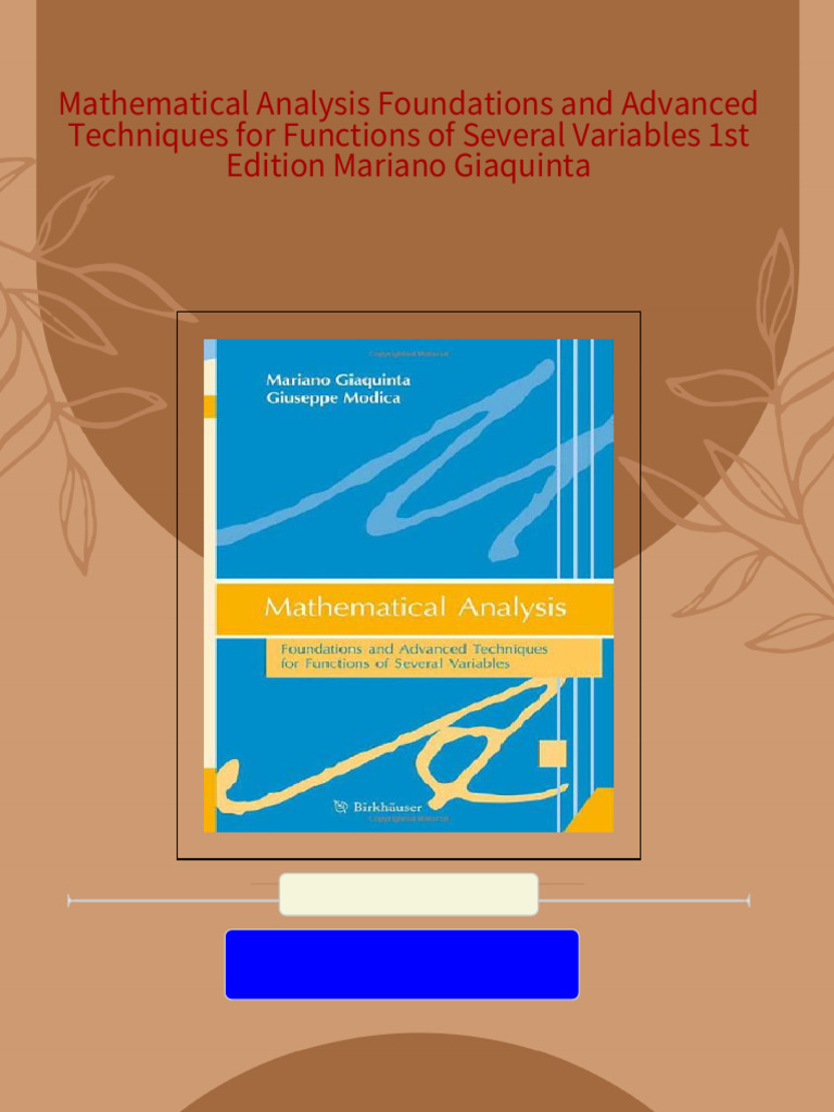 Mathematical Analysis Foundations and Advanced Techniques For Functions of Several Variables 1st ...