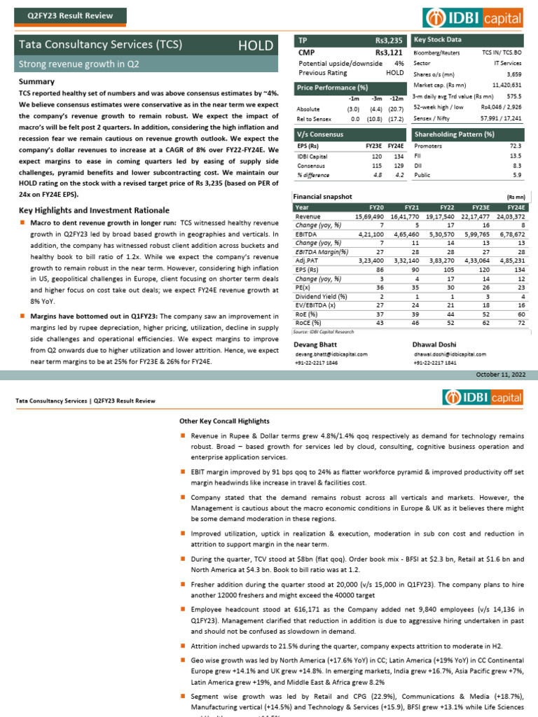 IDBI Capital TCS Q2FY23 Results Review | PDF | Net Income | Equity ...