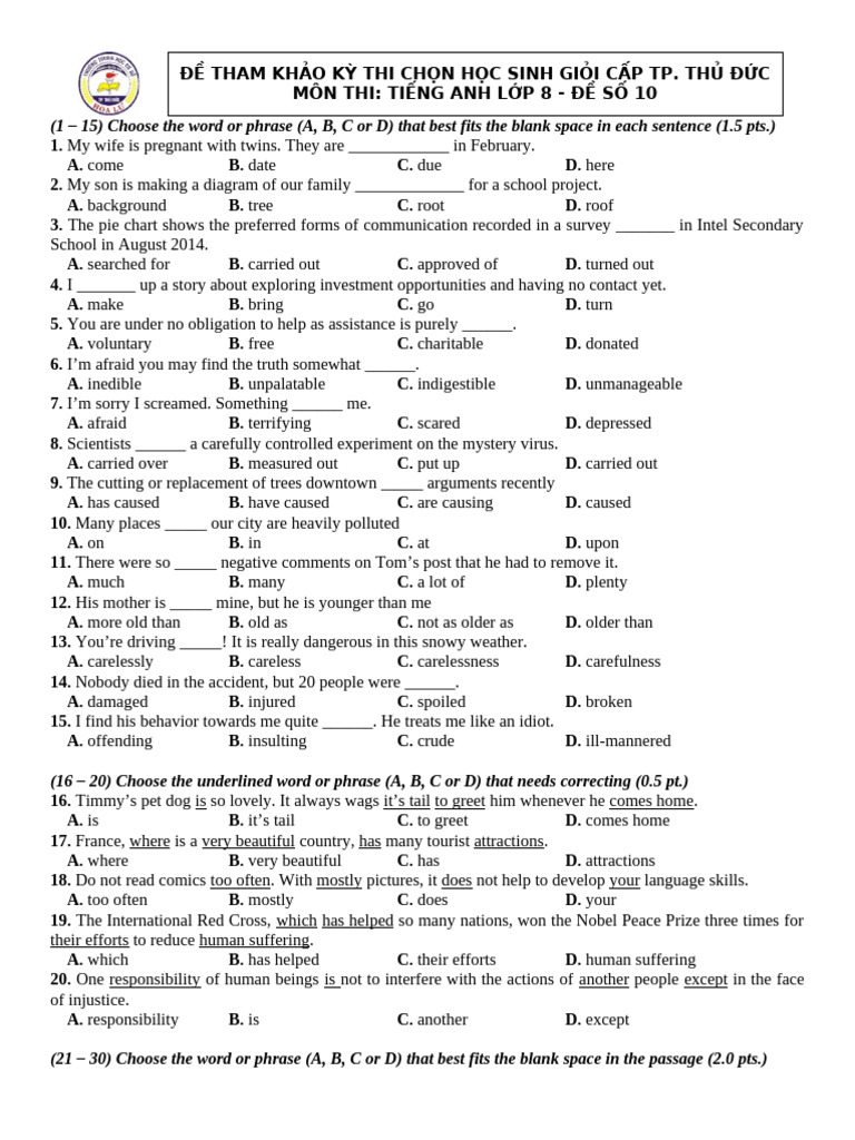 Đề Thi Tiếng Anh Lớp 8 TP. Thủ Đức | PDF | Nature | Natural Environment