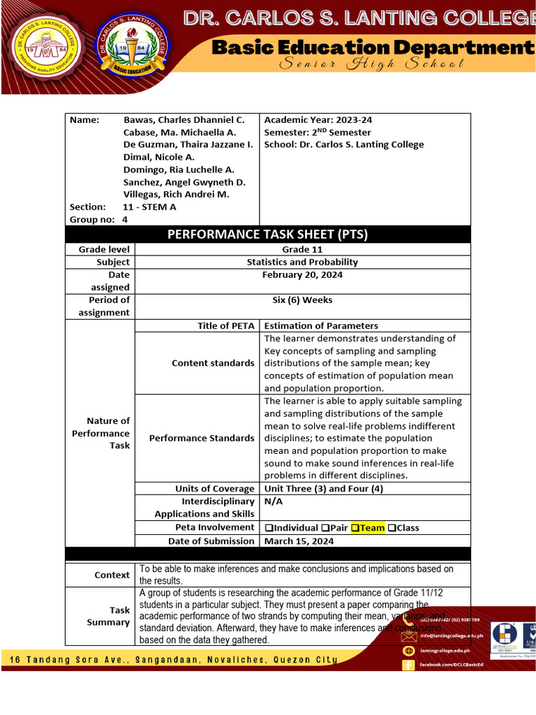 Group 4 - Q3 - Statistics and Probability 11 - Performance Task | PDF | Variance | Statistics