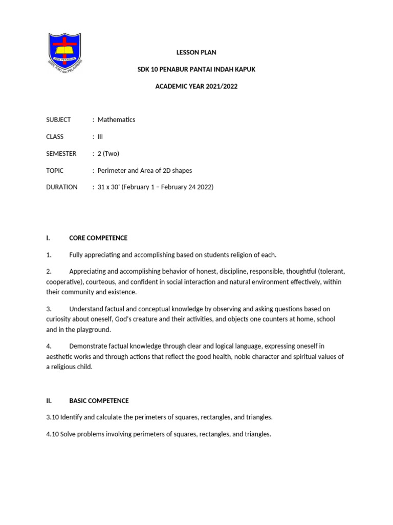 Math Lesson Plan: Perimeter & Area | PDF | Area | Worksheet