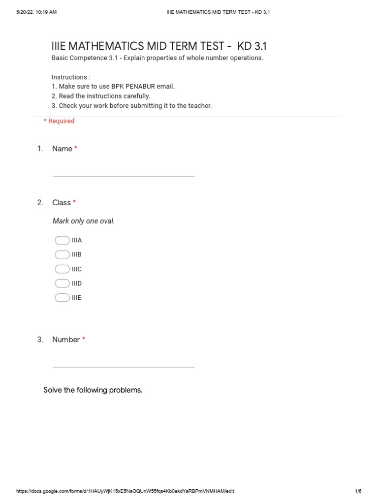 Iiie Mathematics Mid Term Test - KD 3.1 - Google Forms | PDF | Mathematics
