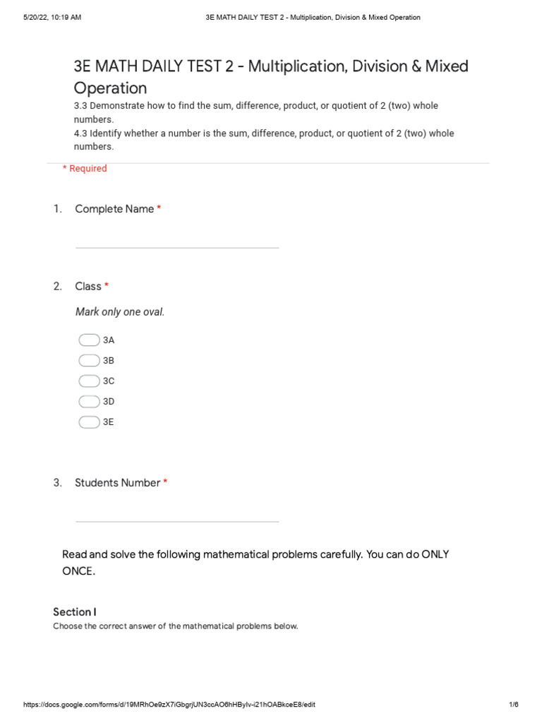 3E MATH DAILY TEST 2 - Google Forms | PDF | Mathematics