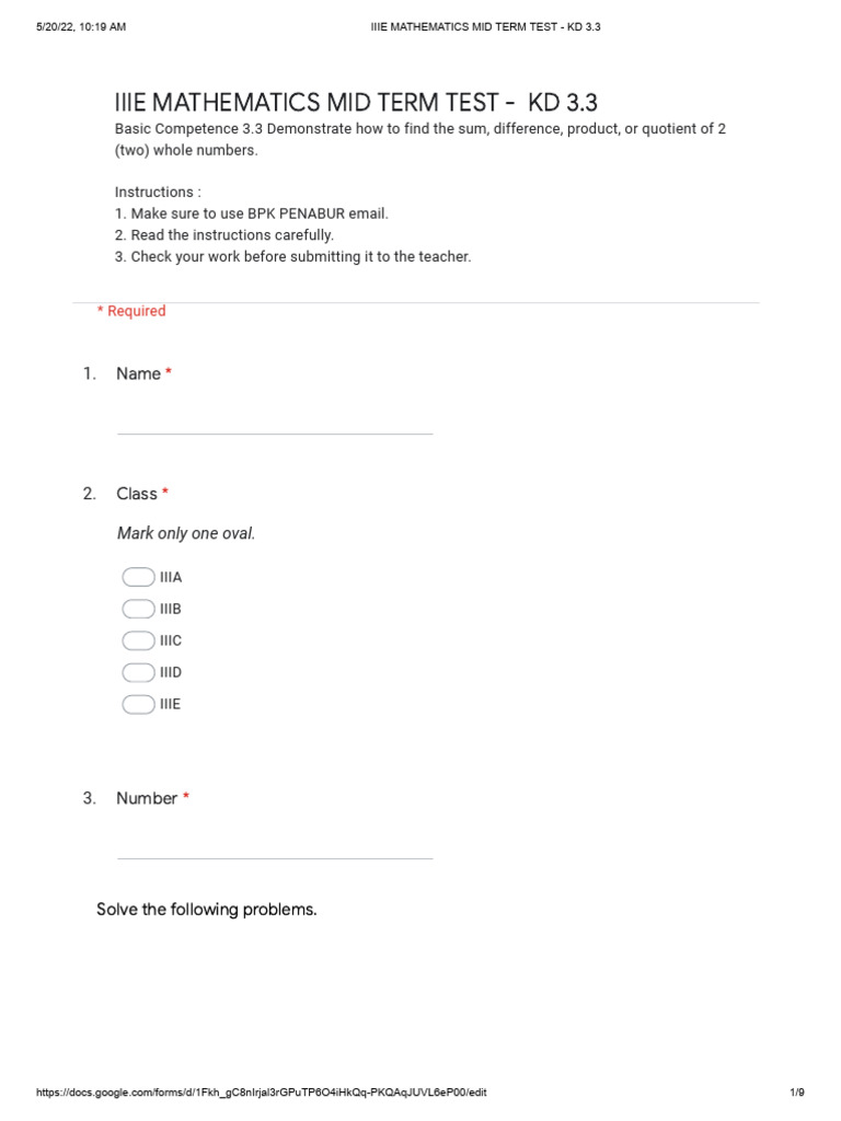 3E MATHEMATICS MID TERM TEST - KD 3.3 - Google Forms | PDF | Mathematics