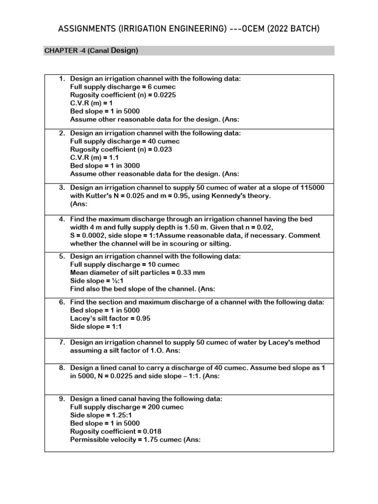 CHP 4 Assignments Ocem Irrigation Sandesh Sigdel | PDF | Hydrology | Civil Engineering
