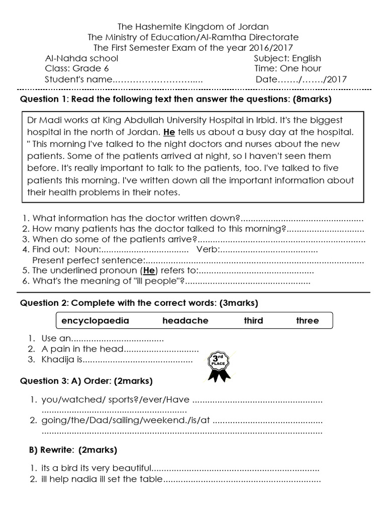 Grade 6 English Exam 2016/2017 | PDF | Language Mechanics | Grammar