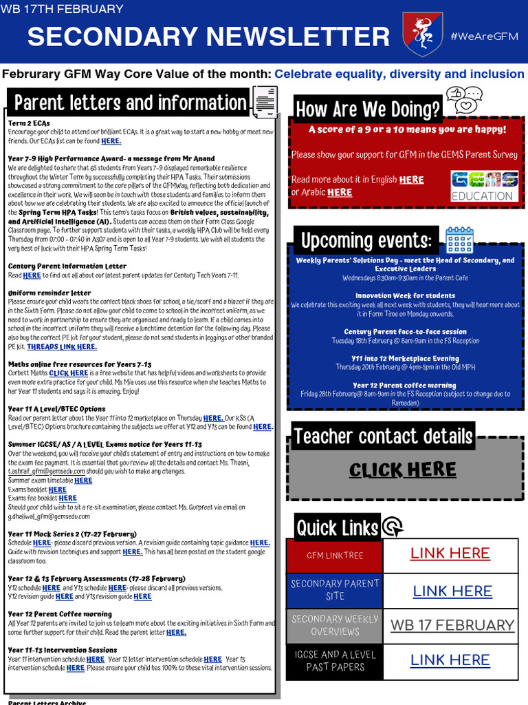 GFM Secondary Parent Newsletter February | PDF