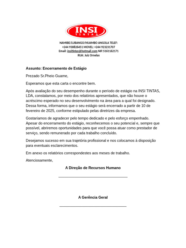 Encerramento de Estágio na INSI TINTAS | PDF