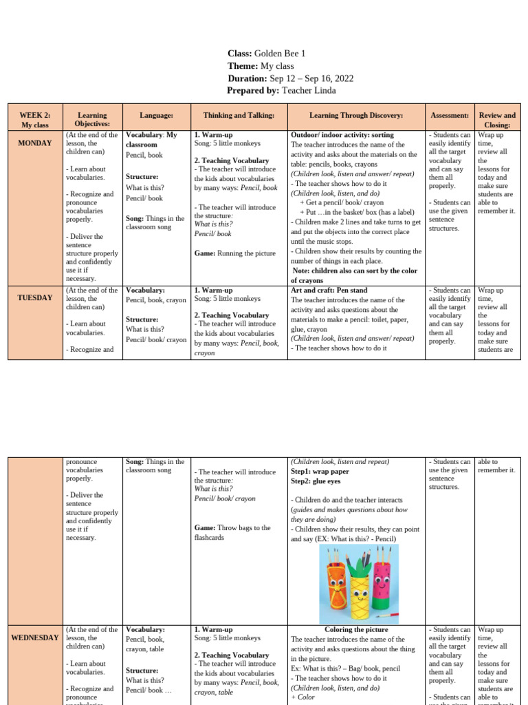 W2 - Lesson Plan GB1 12 Sep - 16 Sep | PDF | Teachers | Vocabulary