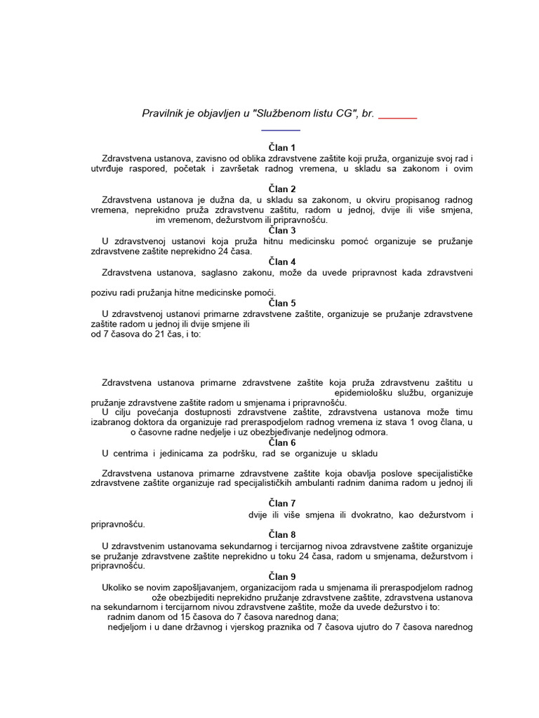 Pravilnik o Rasporedu Radnog Vremena U Zdravstvenim Ustanovama | PDF