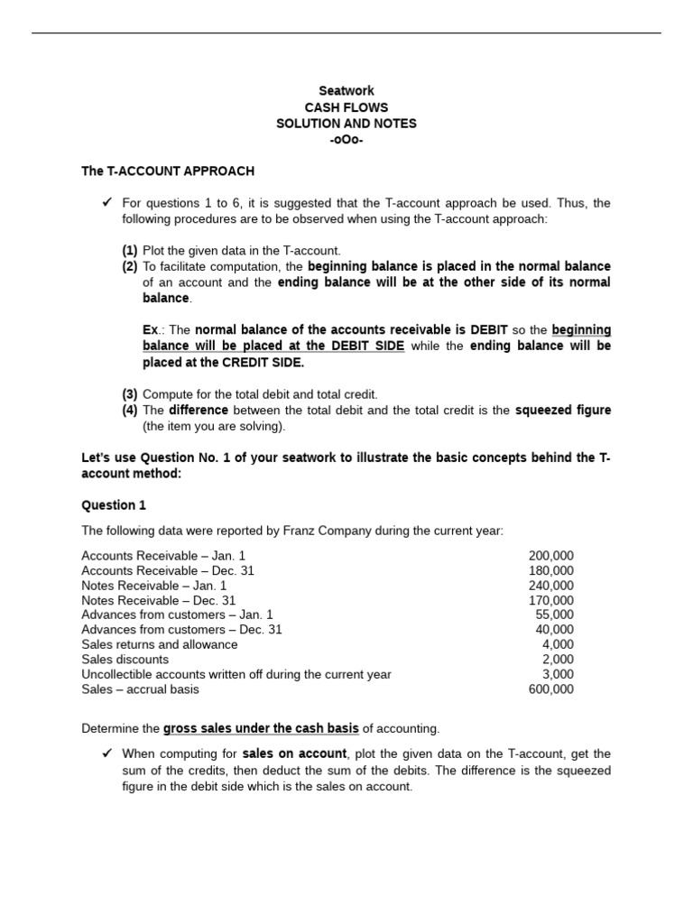 SW Cash Flows Solutions and Notes | PDF | Debits And Credits | Bad Debt
