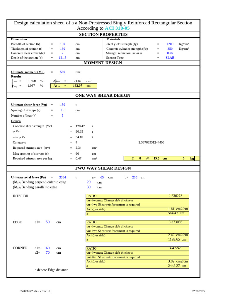 ACI 318 05 Calculation Sheet 00 | PDF | Bending | Materials