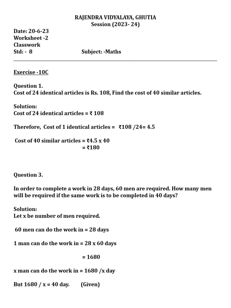 Class - 8 Maths Worksheet 20 June | PDF