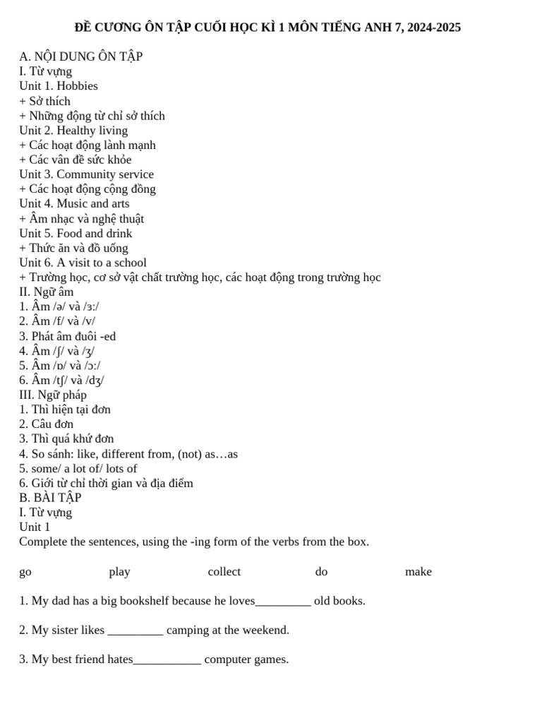 ĐỀ CƯƠNG CUỐI HK1 AV 7 | PDF | Recipe