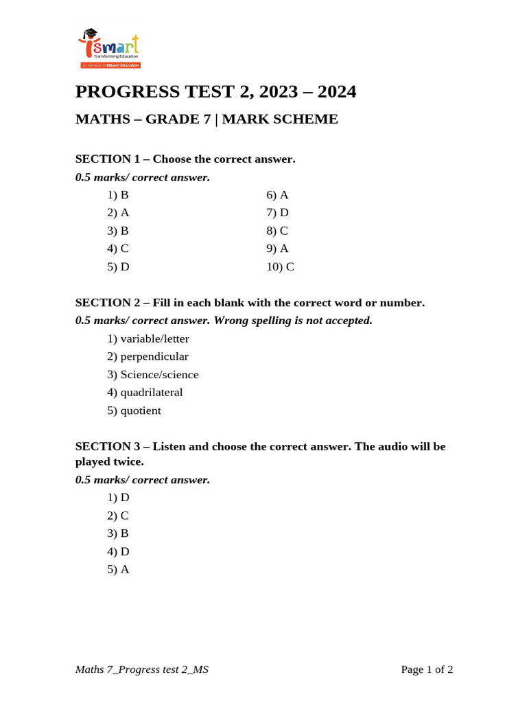 Grade 7 Maths Progress Test 2 Marking Guide | PDF