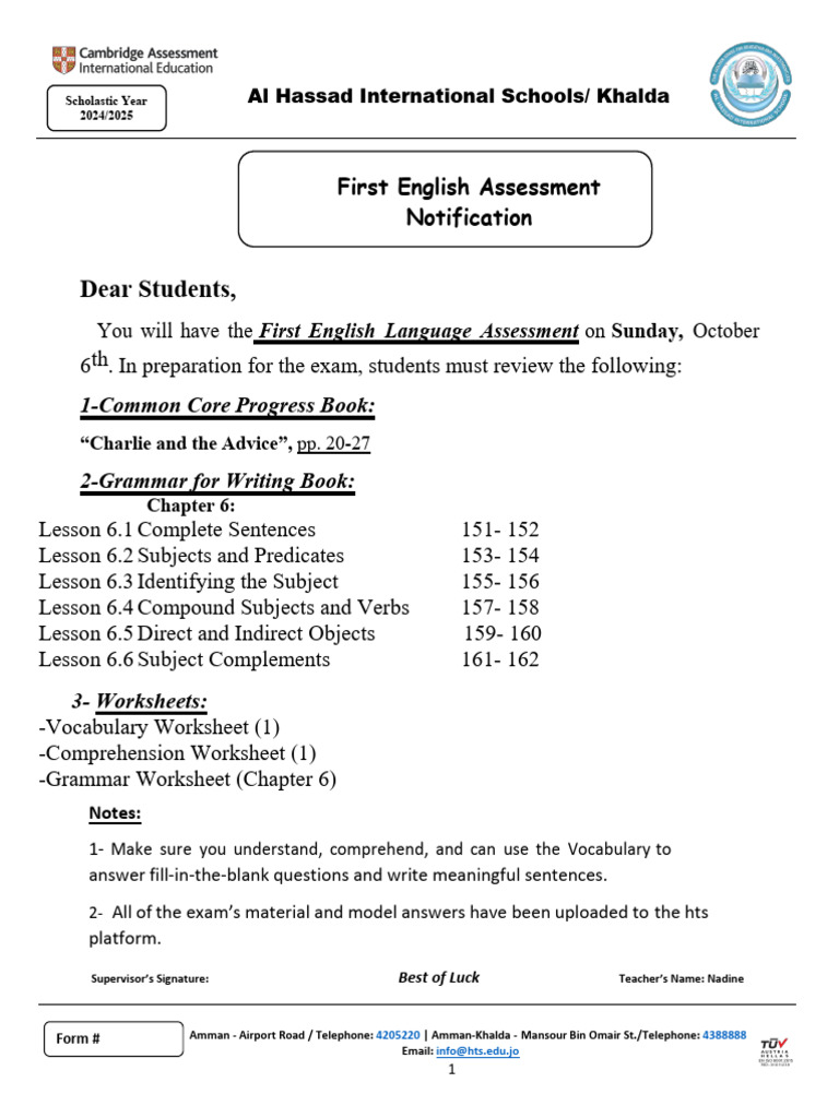 First English Assessment Guidelines 2024 | PDF
