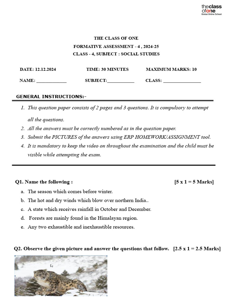 Class 4 SST Formative Assessment 2024 | PDF