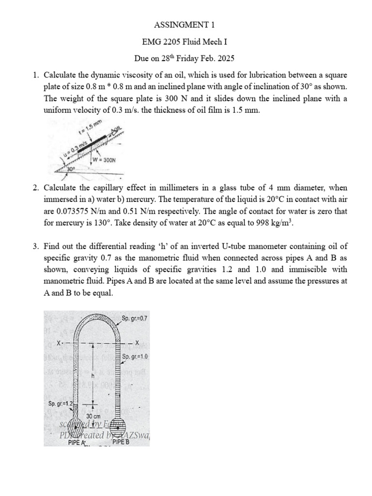 Fluid Mechanics Assignment EMG 2205 | PDF