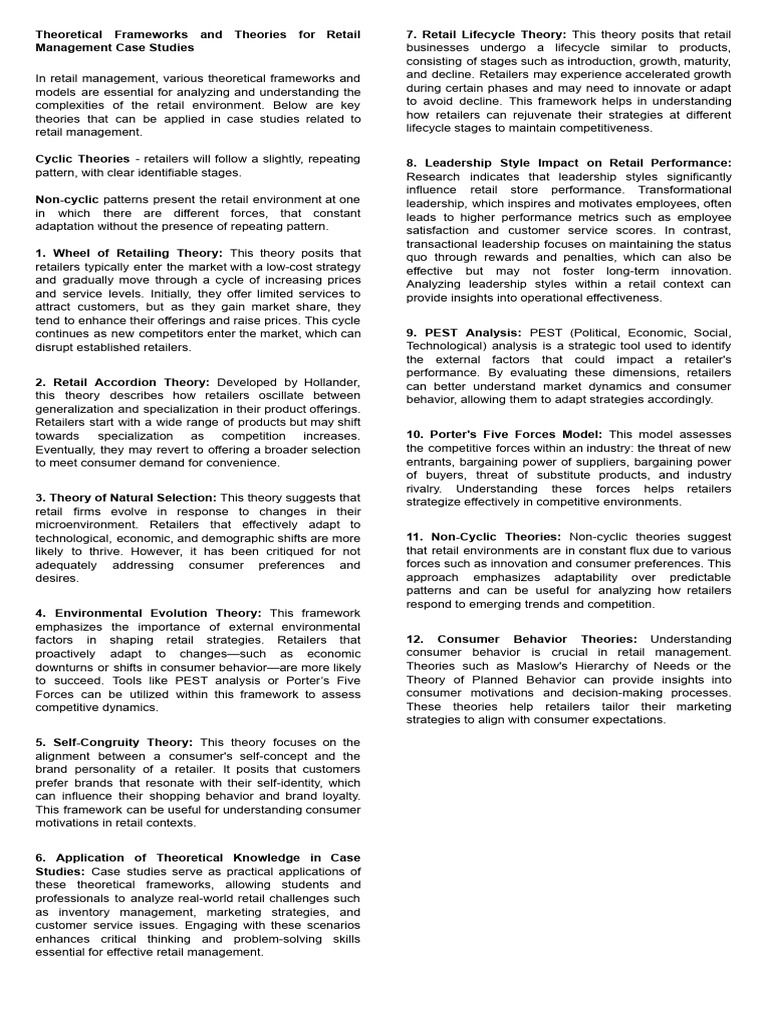 Theories For Retail Management | PDF | Retail | Leadership