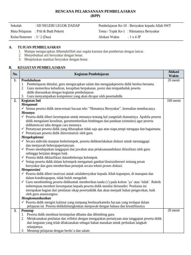 RPP Pai 1 Lembar Kelas 3 Semester 2 | PDF