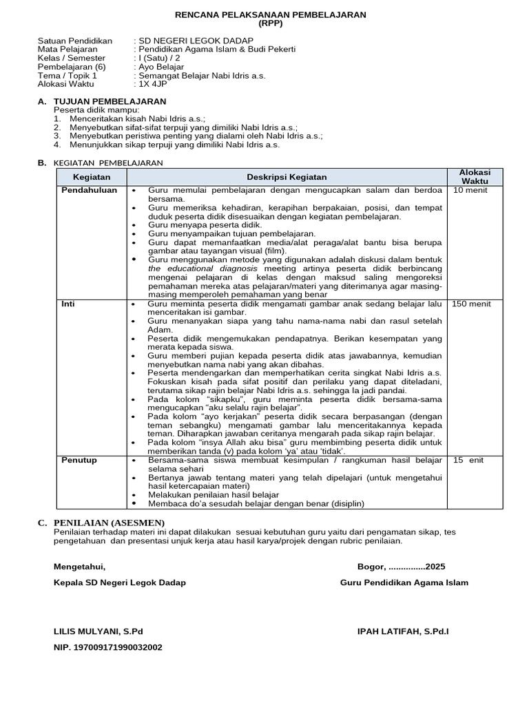 RPP Pai 1 Lembar Kelas 1 Semester 2 | PDF