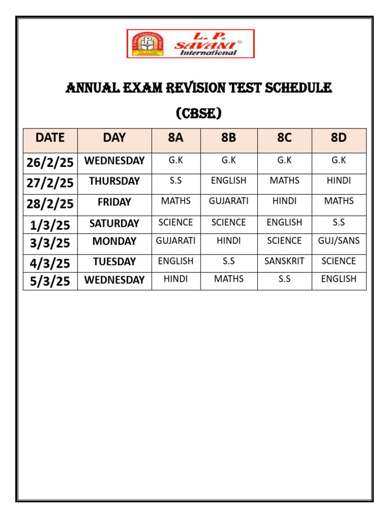 GRADE 8(CB) REVISION TEST SCHEDULE | PDF