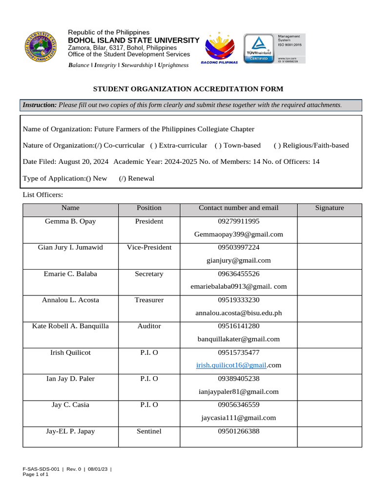 1 - F SAS SDS 001 Student Organization Accreditation Form New | PDF