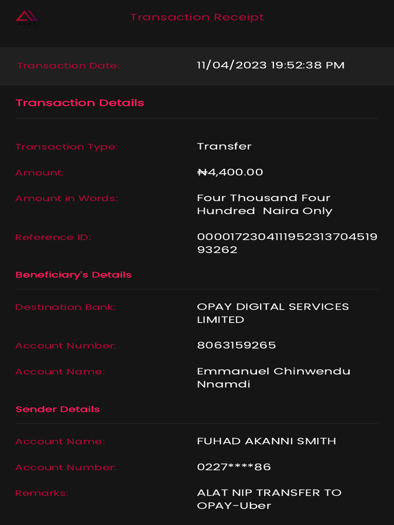 ALAT Transfer Receipt Emmanuel Chinwendu Nnamdi 8063159265 4 400 | PDF