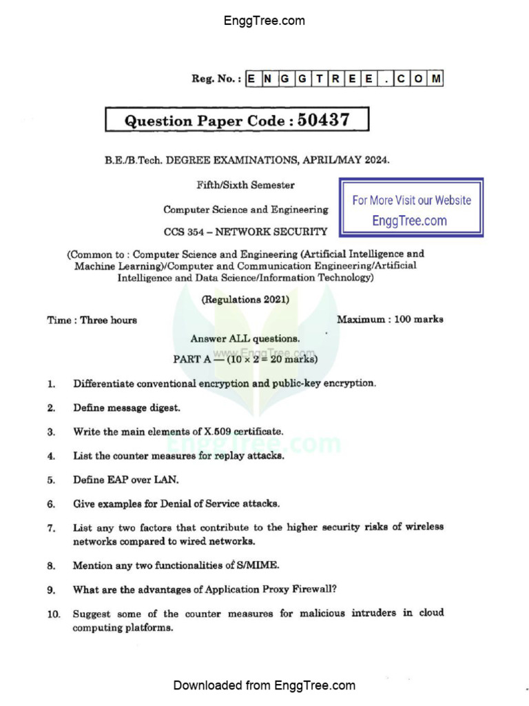 CCS354 Network Security Apr May 2024 Question Paper Download | PDF