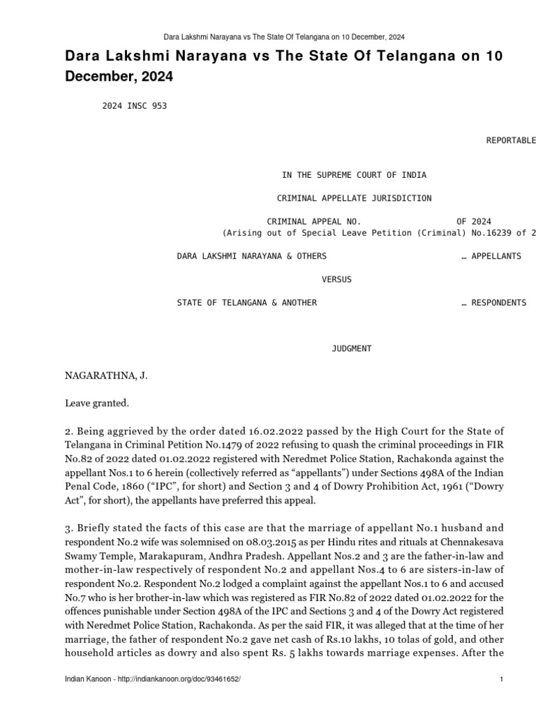 Dara Lakshmi Narayana vs State Supreme Court 2024 | PDF | Justice | Crime & Violence