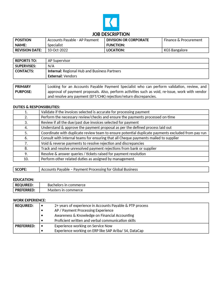 AP Payment Specialist L3 | PDF | Accounts Payable | Business