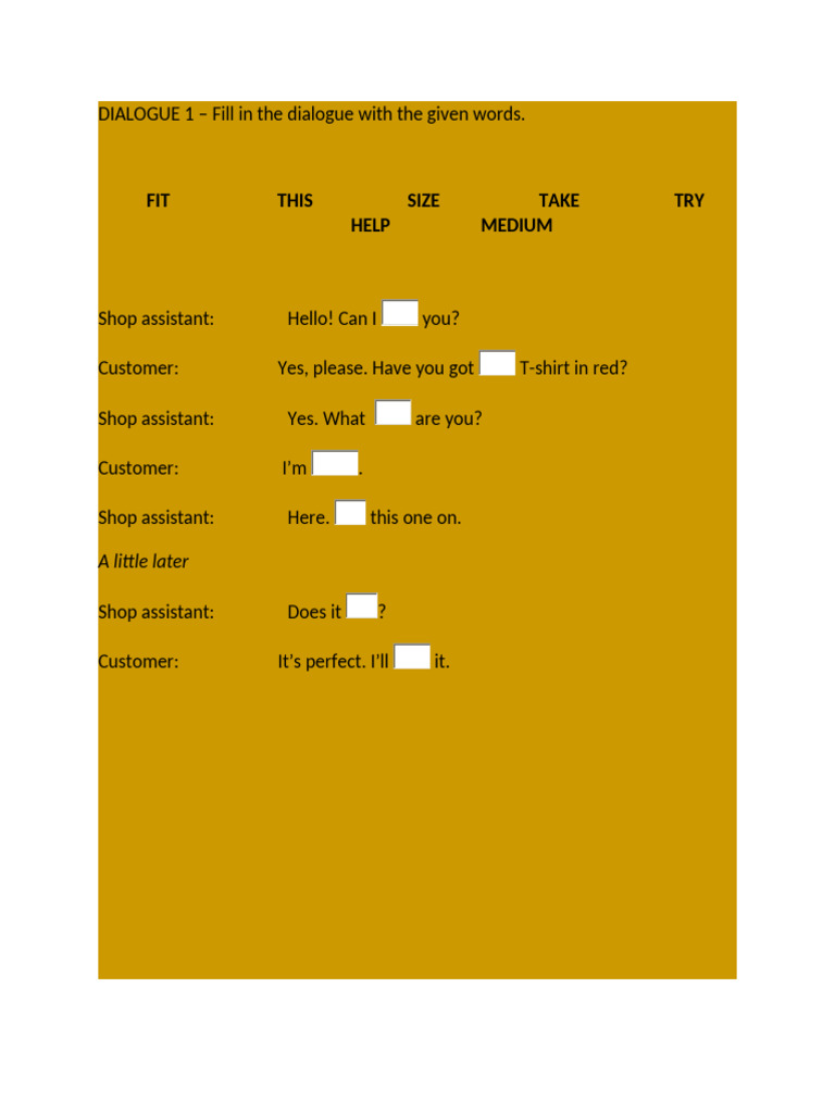 Shopping Dialogue Worksheet | PDF