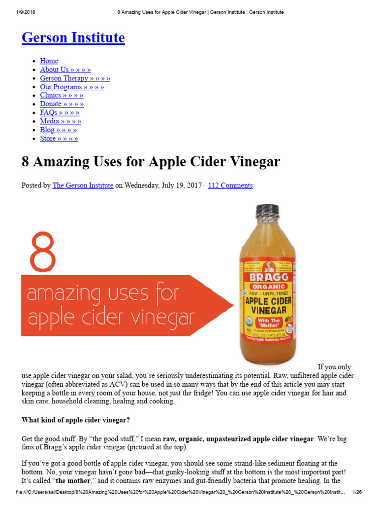 8 Uses for Apple Cider Vinegar | PDF | Shampoo | Sodium Bicarbonate