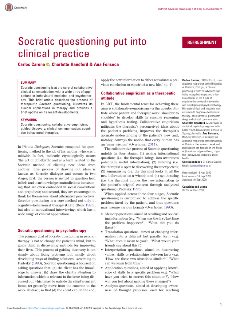 Socratic Questioning Put Into Clinical Practice | PDF | Psychotherapy ...