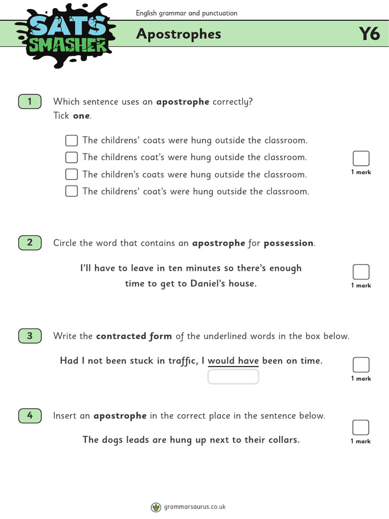Apostrophe Usage Practice for Y6 Students | PDF | Linguistic Morphology | Grammar