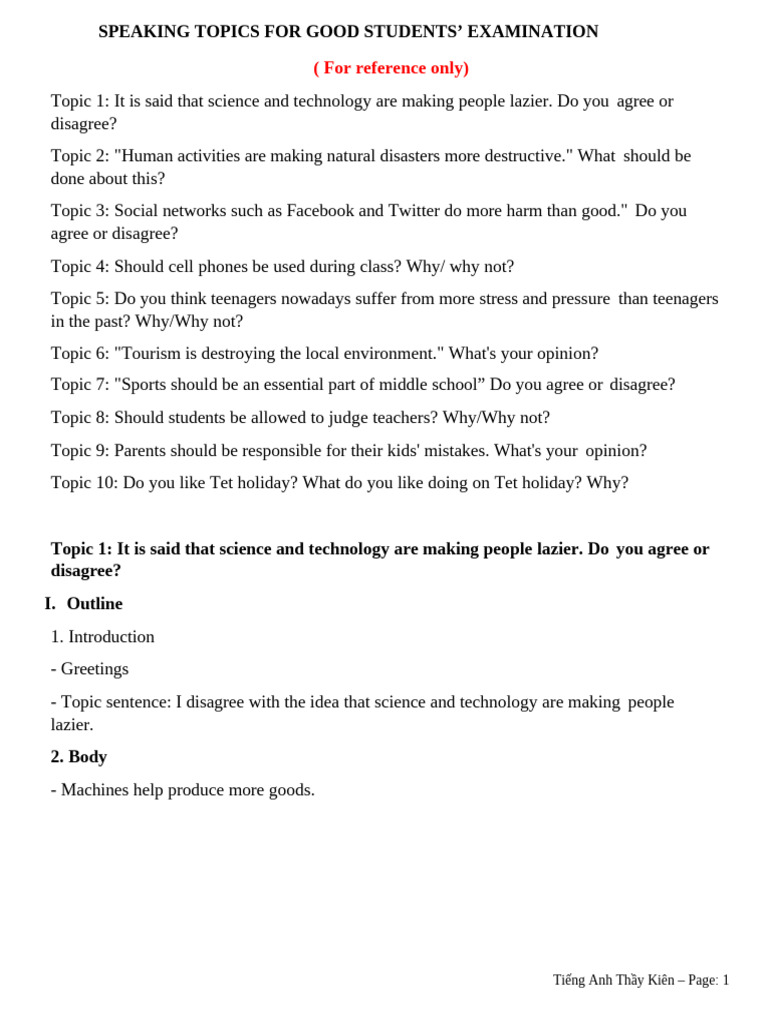 Speaking Topics For Exam | PDF | Adolescence | Teachers
