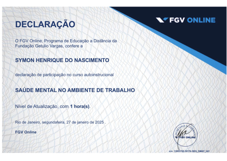 Certificado FGV - Saúde No Trabalho | PDF
