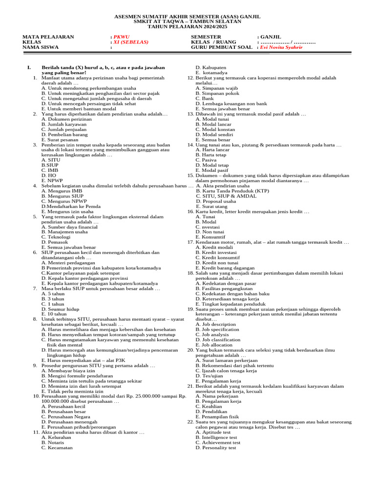Soal Pkwu 11 ASAS Ganjil 2024-2025 SMK at Taqwa | PDF