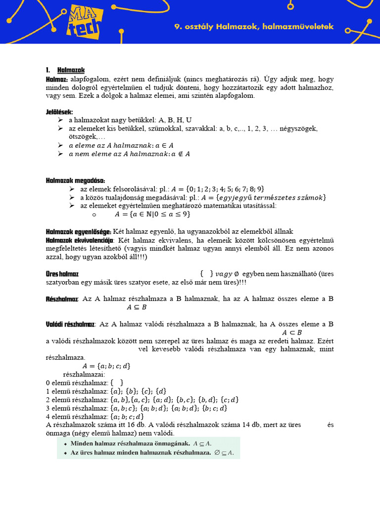 9. osztály elmélet 1. (halmazok) | PDF