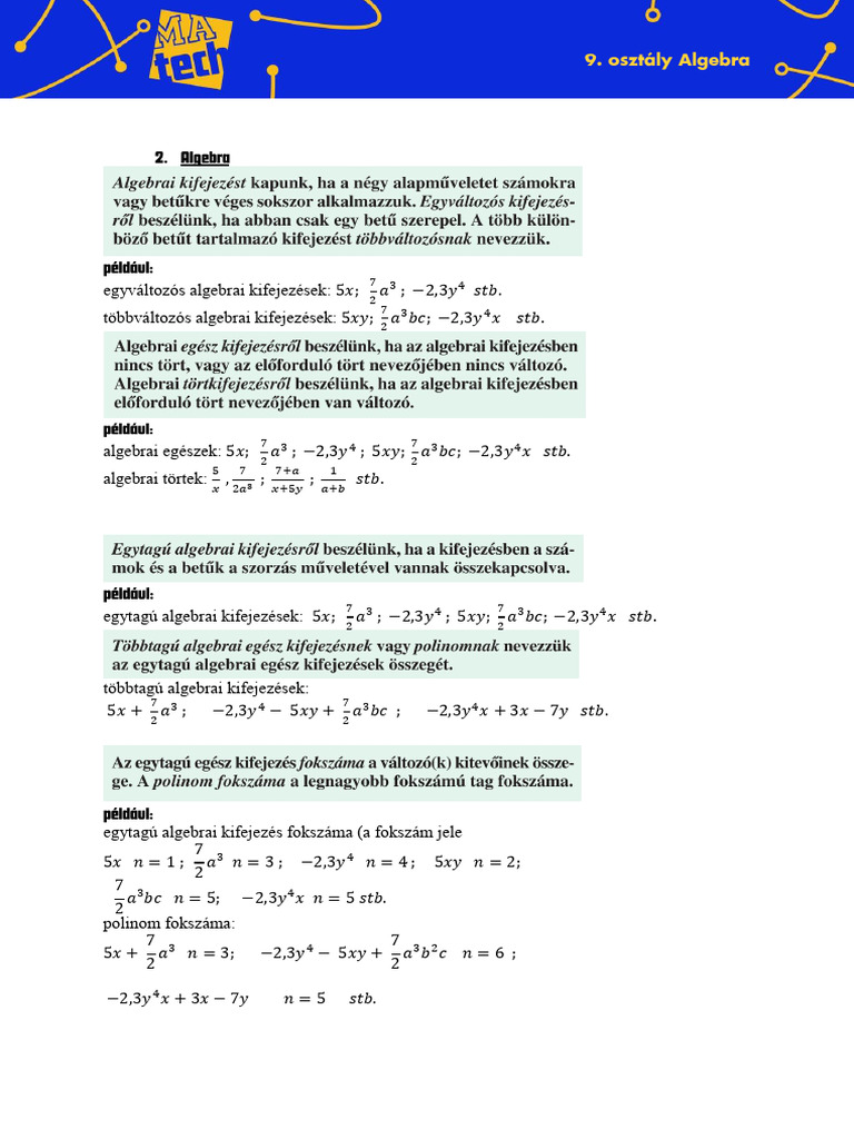 Algebra 9. osztály elmélet | PDF