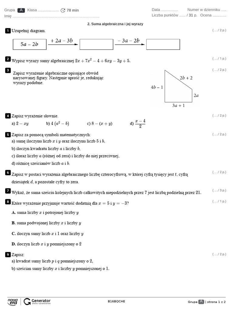 4.2 Suma Algebraiczna I Jej Wyrazy Test | PDF